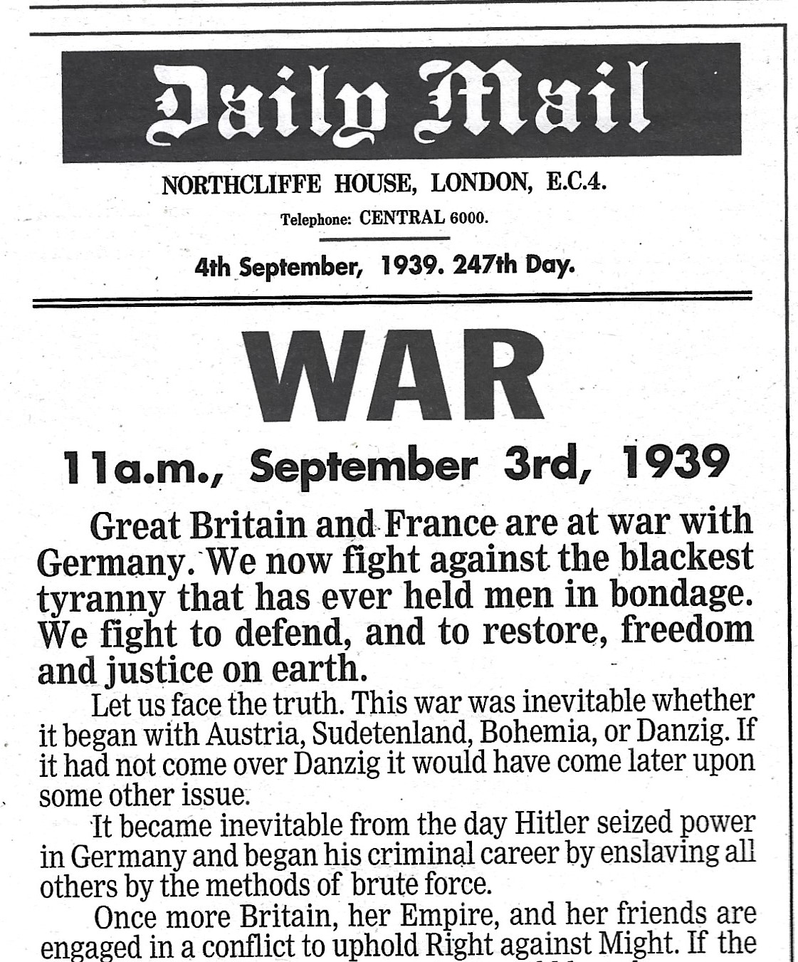 1939 Declaration of War – EVENWOOD RAMSHAW & DISTRICT HISTORY SOCIETY